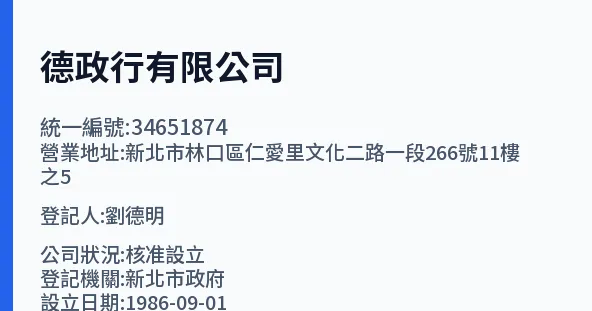 德政行有限公司的照片-統編 34651874(新北市) 公司登記資料與營業項目詳細圖表