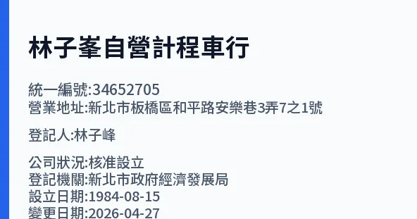 林子峯自營計程車行的照片-統編 34652705(新北市) 公司登記資料與營業項目詳細圖表