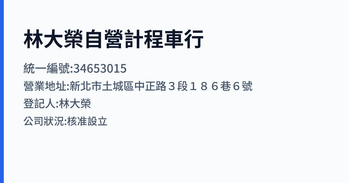 林大榮自營計程車行 - 統編 34653015(新北市) 公司登記資料與營業項目詳細圖表