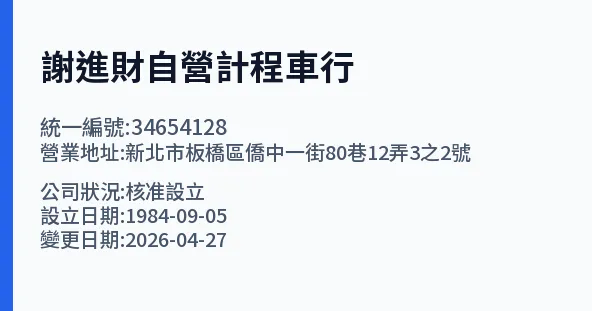 謝進財自營計程車行的照片-統編 34654128(新北市) 公司登記資料與營業項目詳細圖表