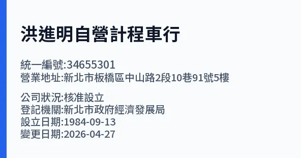 洪進明自營計程車行的照片-統編 34655301(新北市) 公司登記資料與營業項目詳細圖表