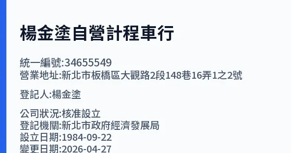 楊金塗自營計程車行的照片-統編 34655549(新北市) 公司登記資料與營業項目詳細圖表