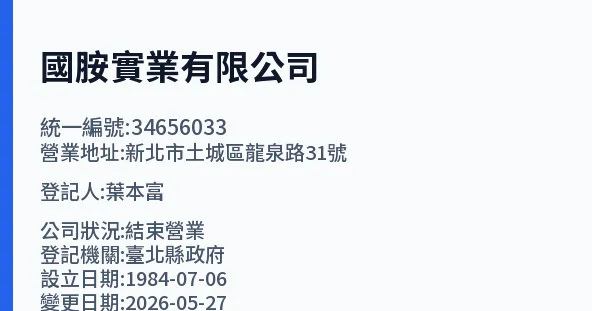 國胺實業有限公司的照片-統編 34656033(新北市) 公司登記資料與營業項目詳細圖表