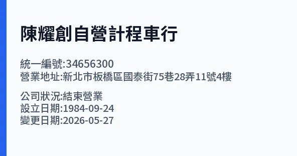 陳耀創自營計程車行的照片-統編 34656300(新北市) 公司登記資料與營業項目詳細圖表