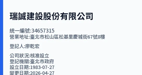 瑞誠建設股份有限公司的照片-統編 34657315(臺北市) 公司登記資料與營業項目詳細圖表