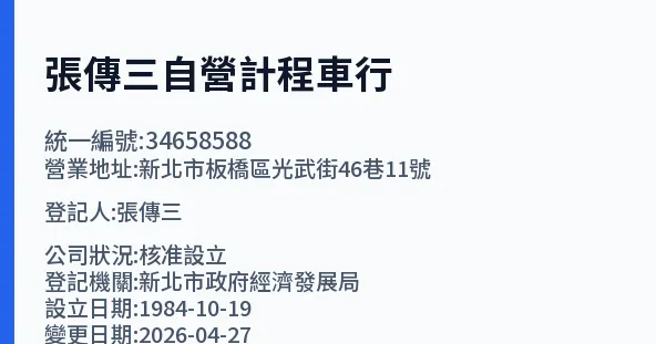 張傳三自營計程車行的照片-統編 34658588(新北市) 公司登記資料與營業項目詳細圖表