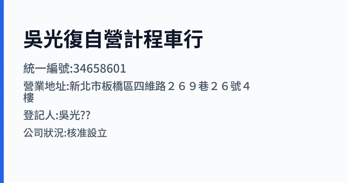 吳光復自營計程車行 - 統編 34658601(新北市) 公司登記資料與營業項目詳細圖表