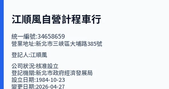 江順風自營計程車行的照片-統編 34658659(新北市) 公司登記資料與營業項目詳細圖表