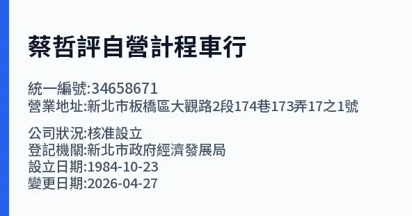 蔡哲評自營計程車行的照片-統編 34658671(新北市) 公司登記資料與營業項目詳細圖表