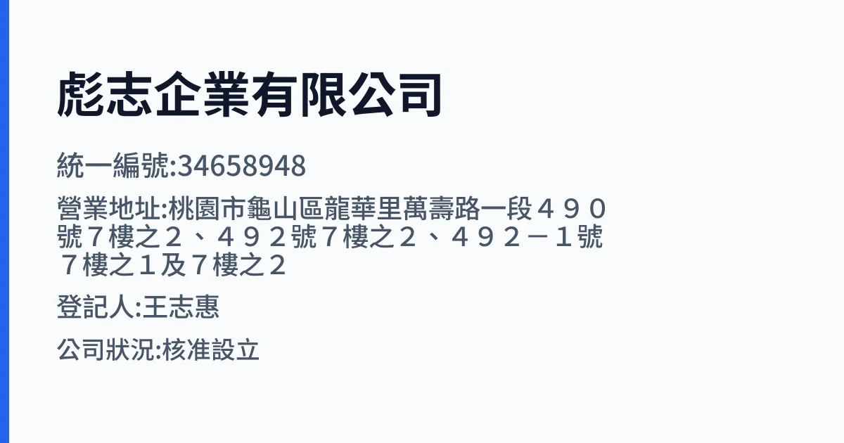 彪志企業有限公司 - 統編 34658948(桃園市) 公司登記資料與營業項目詳細圖表
