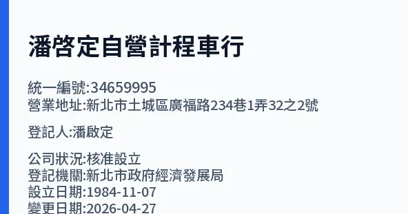 潘啓定自營計程車行的照片-統編 34659995(新北市) 公司登記資料與營業項目詳細圖表