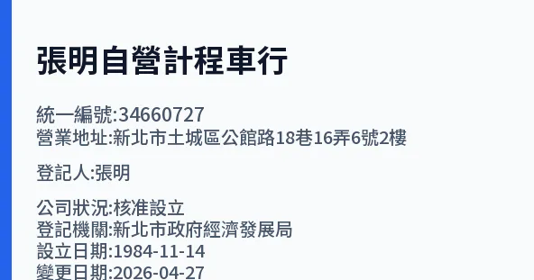 張明自營計程車行的照片-統編 34660727(新北市) 公司登記資料與營業項目詳細圖表