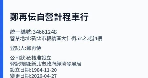 鄭再伝自營計程車行的照片-統編 34661248(新北市) 公司登記資料與營業項目詳細圖表