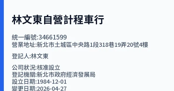 林文東自營計程車行的照片-統編 34661599(新北市) 公司登記資料與營業項目詳細圖表