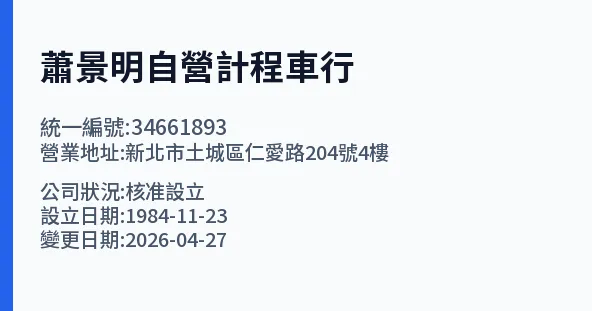 蕭景明自營計程車行的照片-統編 34661893(新北市) 公司登記資料與營業項目詳細圖表