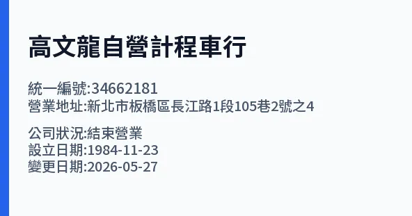 高文龍自營計程車行的照片-統編 34662181(新北市) 公司登記資料與營業項目詳細圖表
