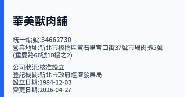 華美獸肉舖的照片-統編 34662730(新北市) 公司登記資料與營業項目詳細圖表