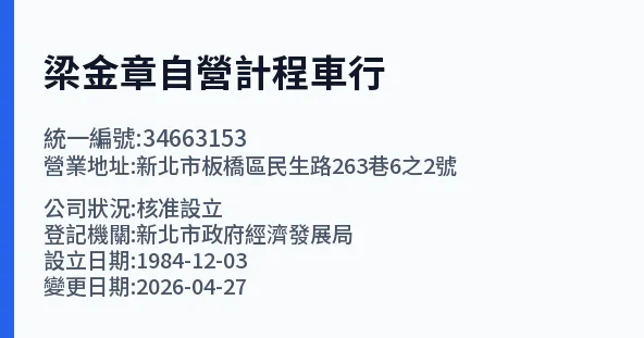 梁金章自營計程車行的照片-統編 34663153(新北市) 公司登記資料與營業項目詳細圖表