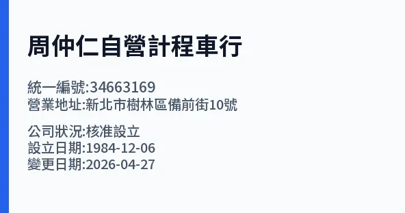 周仲仁自營計程車行的照片-統編 34663169(新北市) 公司登記資料與營業項目詳細圖表
