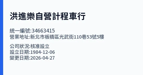 洪進樂自營計程車行的照片-統編 34663415(新北市) 公司登記資料與營業項目詳細圖表