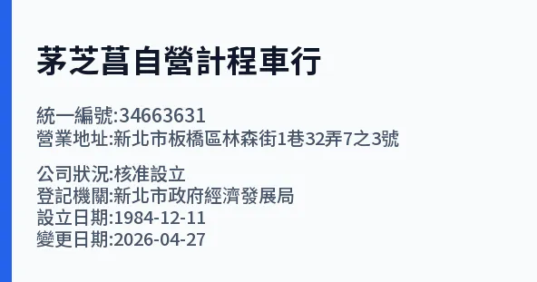 茅芝菖自營計程車行的照片-統編 34663631(新北市) 公司登記資料與營業項目詳細圖表