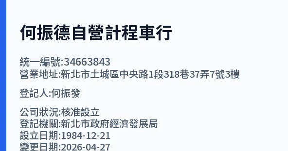 何振德自營計程車行的照片-統編 34663843(新北市) 公司登記資料與營業項目詳細圖表