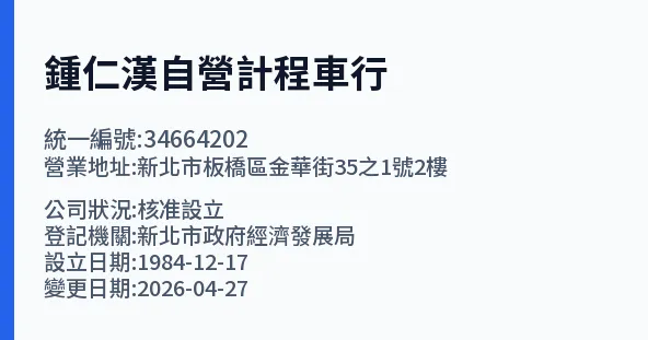 鍾仁漢自營計程車行的照片-統編 34664202(新北市) 公司登記資料與營業項目詳細圖表