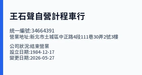 王石聲自營計程車行的照片-統編 34664391(新北市) 公司登記資料與營業項目詳細圖表