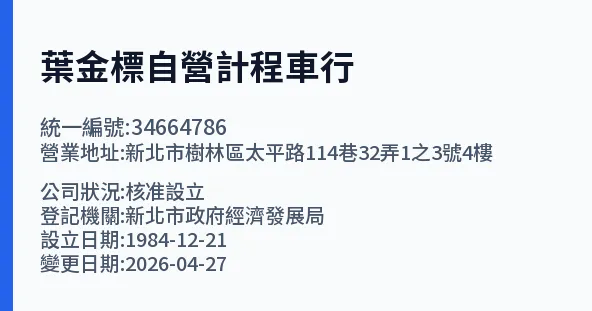 葉金標自營計程車行的照片-統編 34664786(新北市) 公司登記資料與營業項目詳細圖表