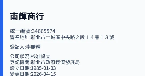 南輝商行的照片-統編 34665574(新北市) 公司登記資料與營業項目詳細圖表