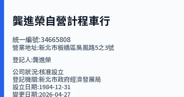 龔進榮自營計程車行的照片-統編 34665808(新北市) 公司登記資料與營業項目詳細圖表