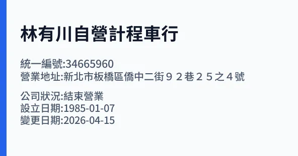 林有川自營計程車行的照片-統編 34665960(新北市) 公司登記資料與營業項目詳細圖表