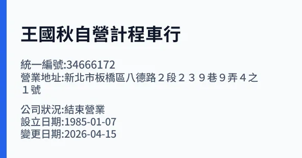 王國秋自營計程車行的照片-統編 34666172(新北市) 公司登記資料與營業項目詳細圖表