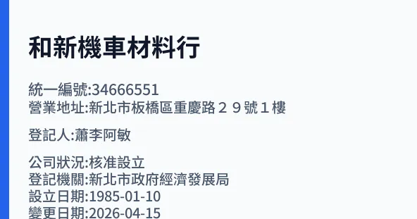 和新機車材料行的照片-統編 34666551(新北市) 公司登記資料與營業項目詳細圖表