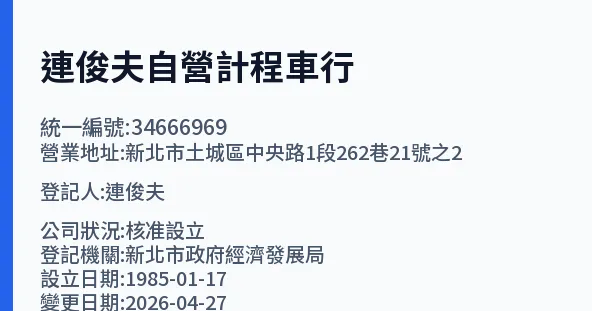 連俊夫自營計程車行的照片-統編 34666969(新北市) 公司登記資料與營業項目詳細圖表