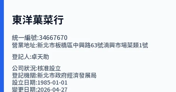 東洋菓菜行的照片-統編 34667670(新北市) 公司登記資料與營業項目詳細圖表