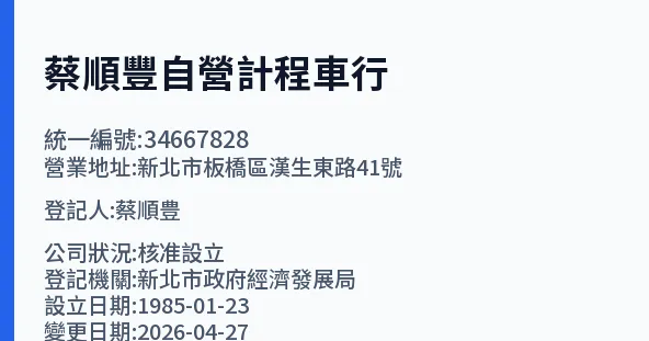 蔡順豐自營計程車行的照片-統編 34667828(新北市) 公司登記資料與營業項目詳細圖表