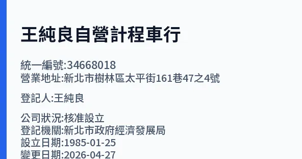 王純良自營計程車行的照片-統編 34668018(新北市) 公司登記資料與營業項目詳細圖表