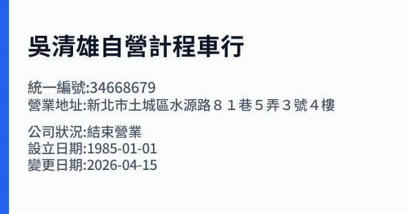 吳清雄自營計程車行的照片-統編 34668679(新北市) 公司登記資料與營業項目詳細圖表