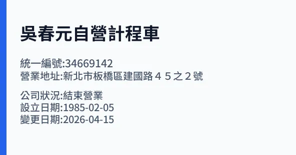 吳春元自營計程車的照片-統編 34669142(新北市) 公司登記資料與營業項目詳細圖表