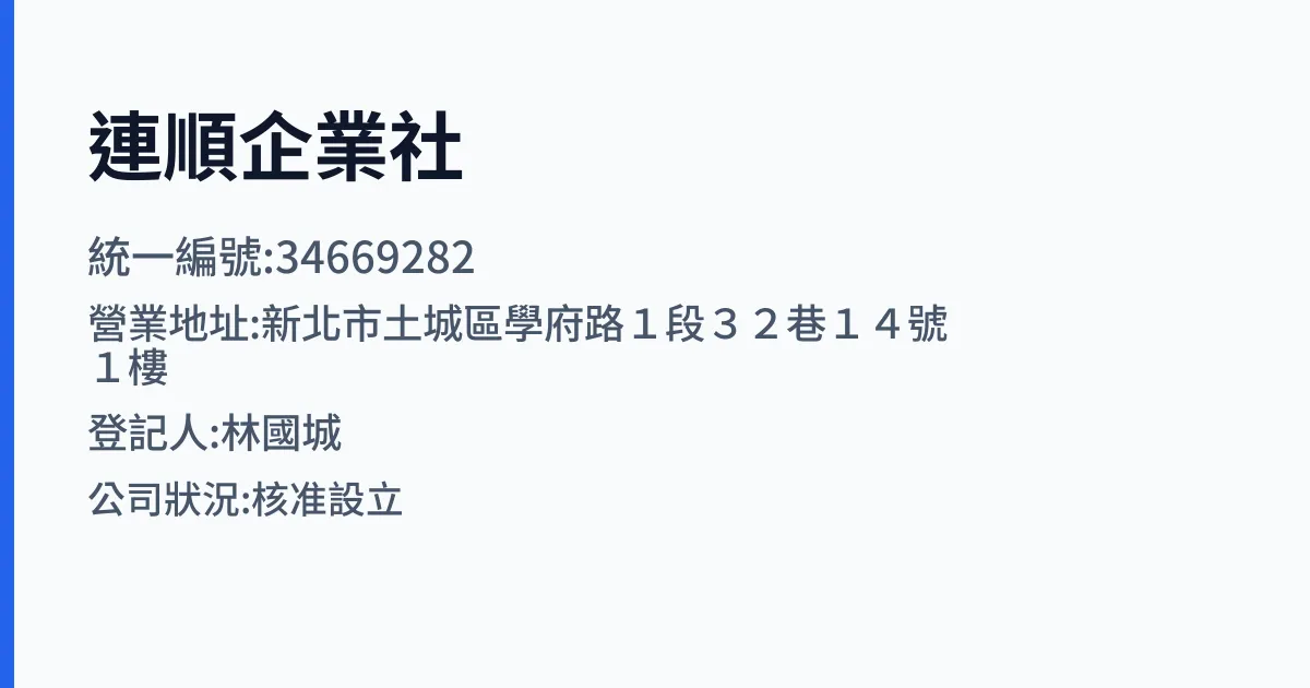 連順企業社 - 統編 34669282(新北市) 公司登記資料與營業項目詳細圖表