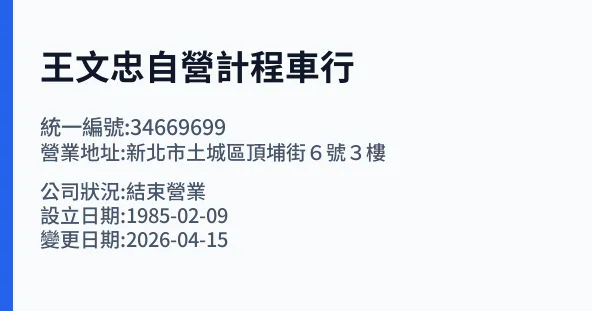 王文忠自營計程車行的照片-統編 34669699(新北市) 公司登記資料與營業項目詳細圖表