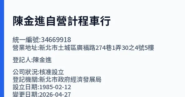 陳金進自營計程車行的照片-統編 34669918(新北市) 公司登記資料與營業項目詳細圖表