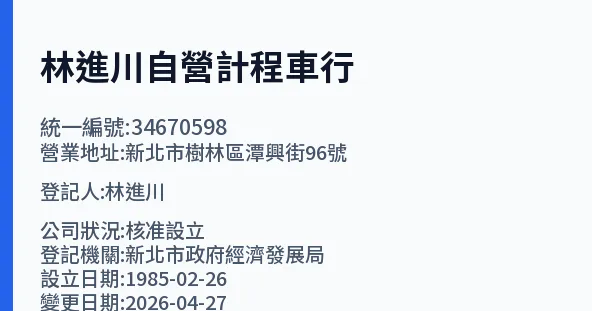 林進川自營計程車行的照片-統編 34670598(新北市) 公司登記資料與營業項目詳細圖表