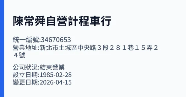 陳常舜自營計程車行的照片-統編 34670653(新北市) 公司登記資料與營業項目詳細圖表