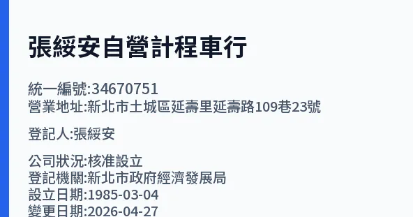 張綏安自營計程車行的照片-統編 34670751(新北市) 公司登記資料與營業項目詳細圖表