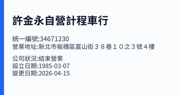 許金永自營計程車行的照片-統編 34671230(新北市) 公司登記資料與營業項目詳細圖表
