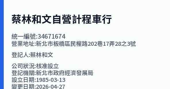 蔡林和文自營計程車行的照片-統編 34671674(新北市) 公司登記資料與營業項目詳細圖表