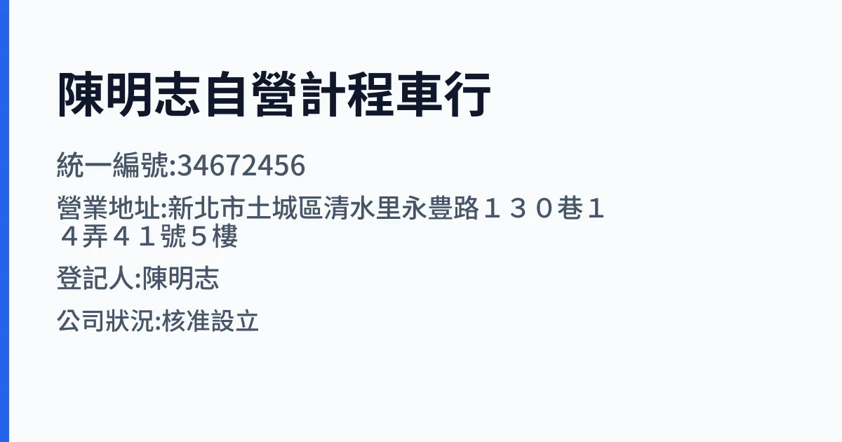 陳明志自營計程車行 - 統編 34672456(新北市) 公司登記資料與營業項目詳細圖表