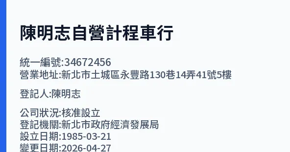 陳明志自營計程車行的照片-統編 34672456(新北市) 公司登記資料與營業項目詳細圖表